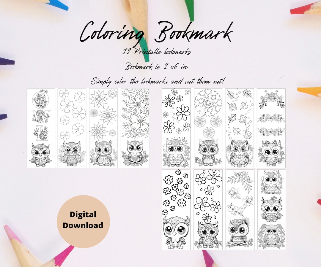 Owl Coloring Bookmark,12 Printable Coloring Bookmark, Party Activity ...