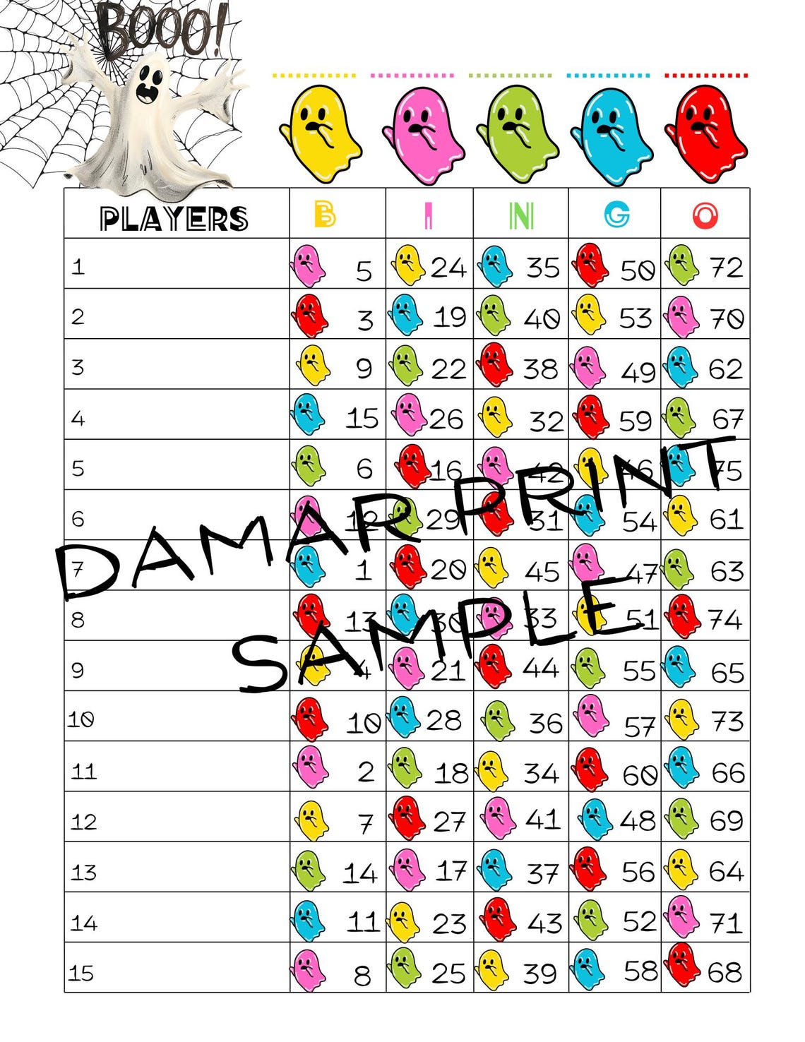 Cute Ghost Bingo Boards Printable Set -spooky Bingo Theme - 15 Lines ...