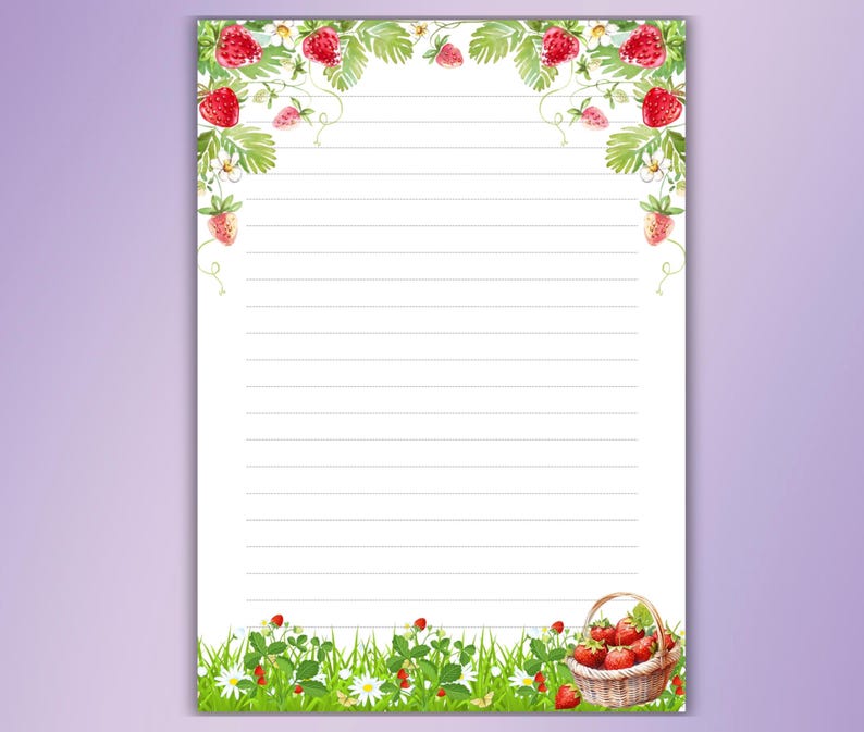 Strawberry Printable Stationery-flower Pen Pal Supplies-summer Writing ...