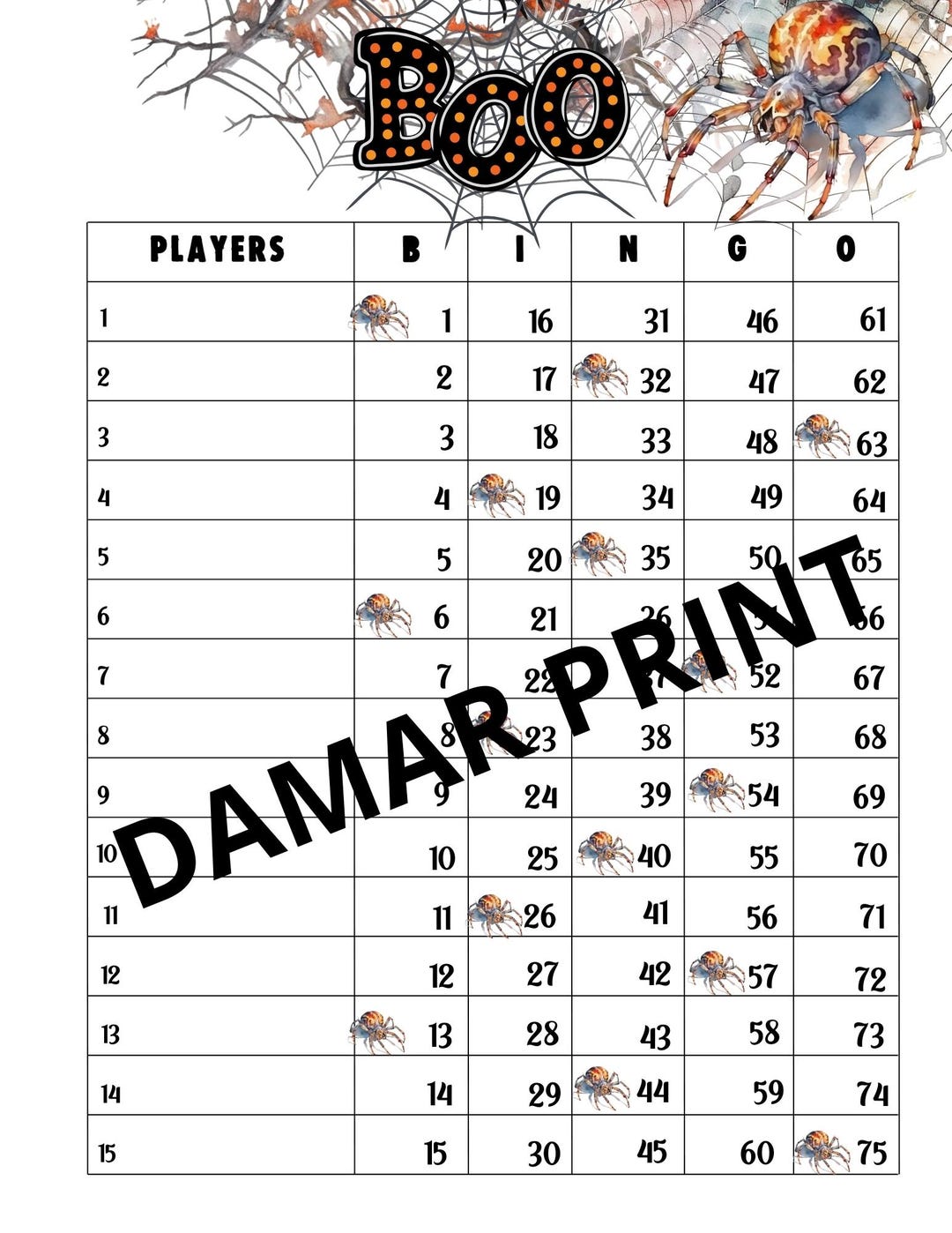 BOO Spider Bingo Boards-15 Line Bingo Board 1-75 Balls Mixed-halloween ...