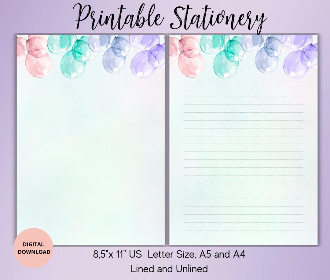 Watercolor Balloons Printable Stationery-birthday Stationery Set ...