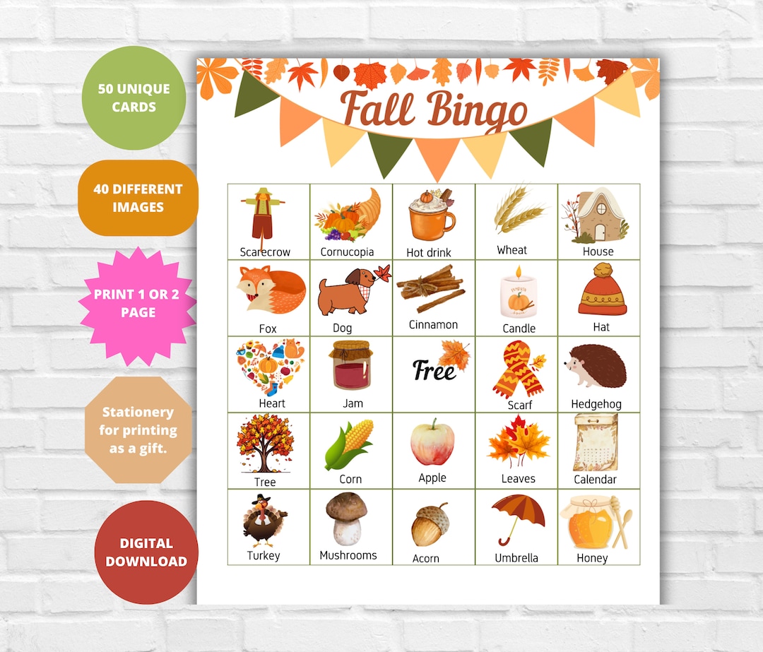 Fall Bingo,printable 50 Unique Bingo Cards,classroom Game,autumn Bingo ...
