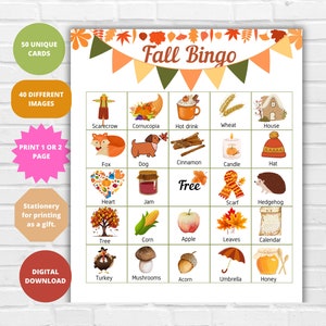 Fall Bingo,printable 50 Unique Bingo Cards,classroom Game,autumn Bingo ...