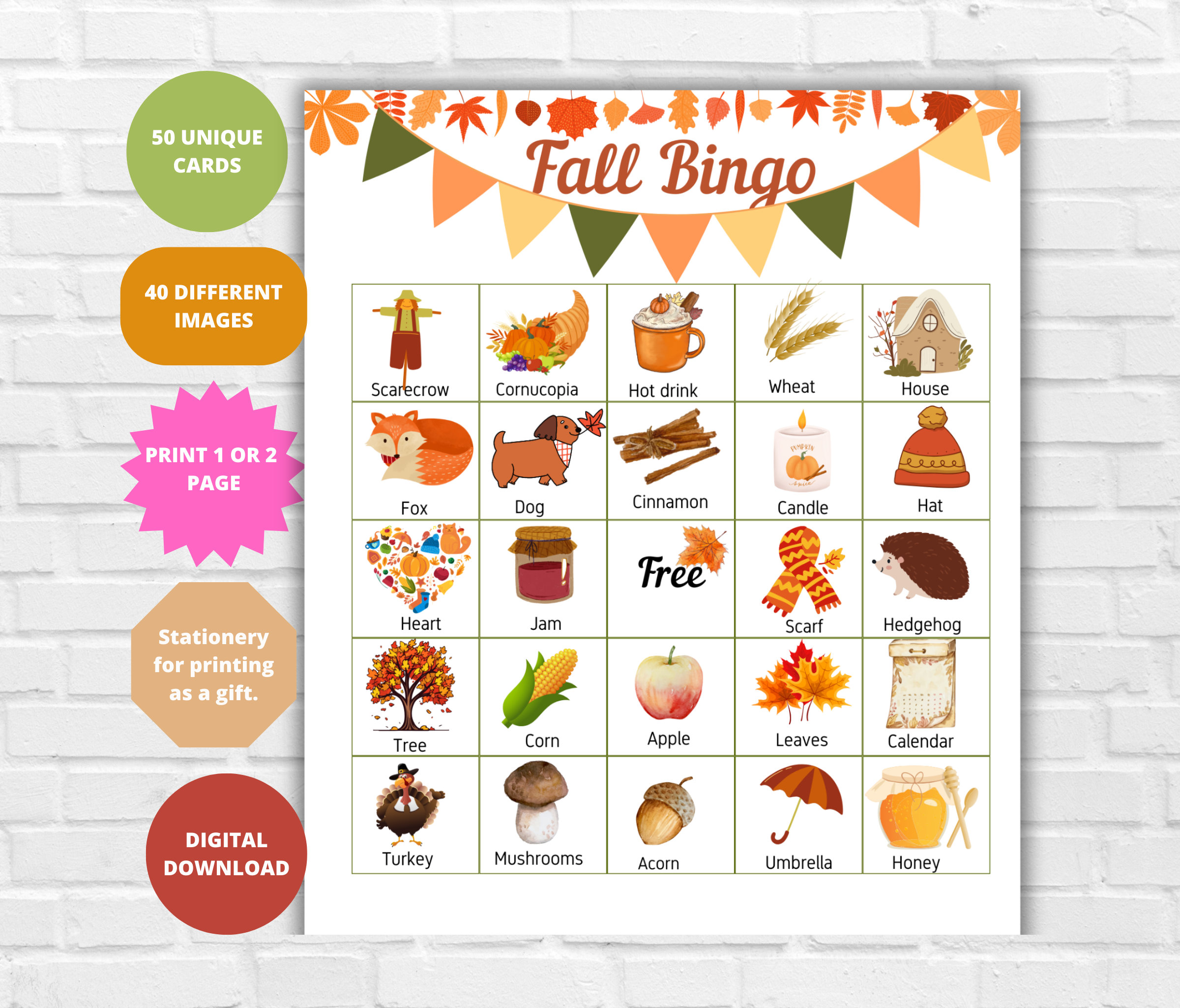 Fall Bingo,printable 50 Unique Bingo Cards,classroom Game,autumn Bingo ...