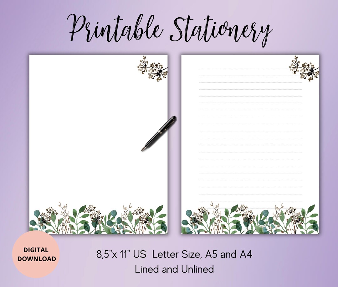 Botanical Writing Paper Set/printable Leaf Stationery/pen Pal - Etsy