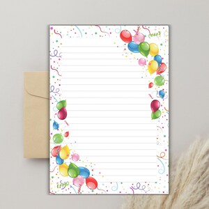 Colorful Balloons Printable Stationary-birthday Writing Paper Unlined ...