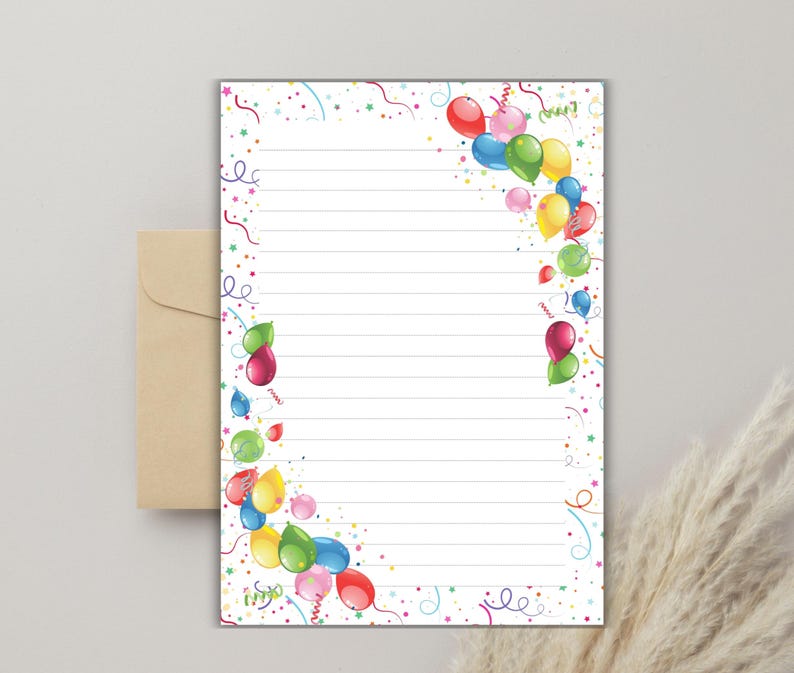 Colorful Balloons Printable Stationary-birthday Writing Paper Unlined ...