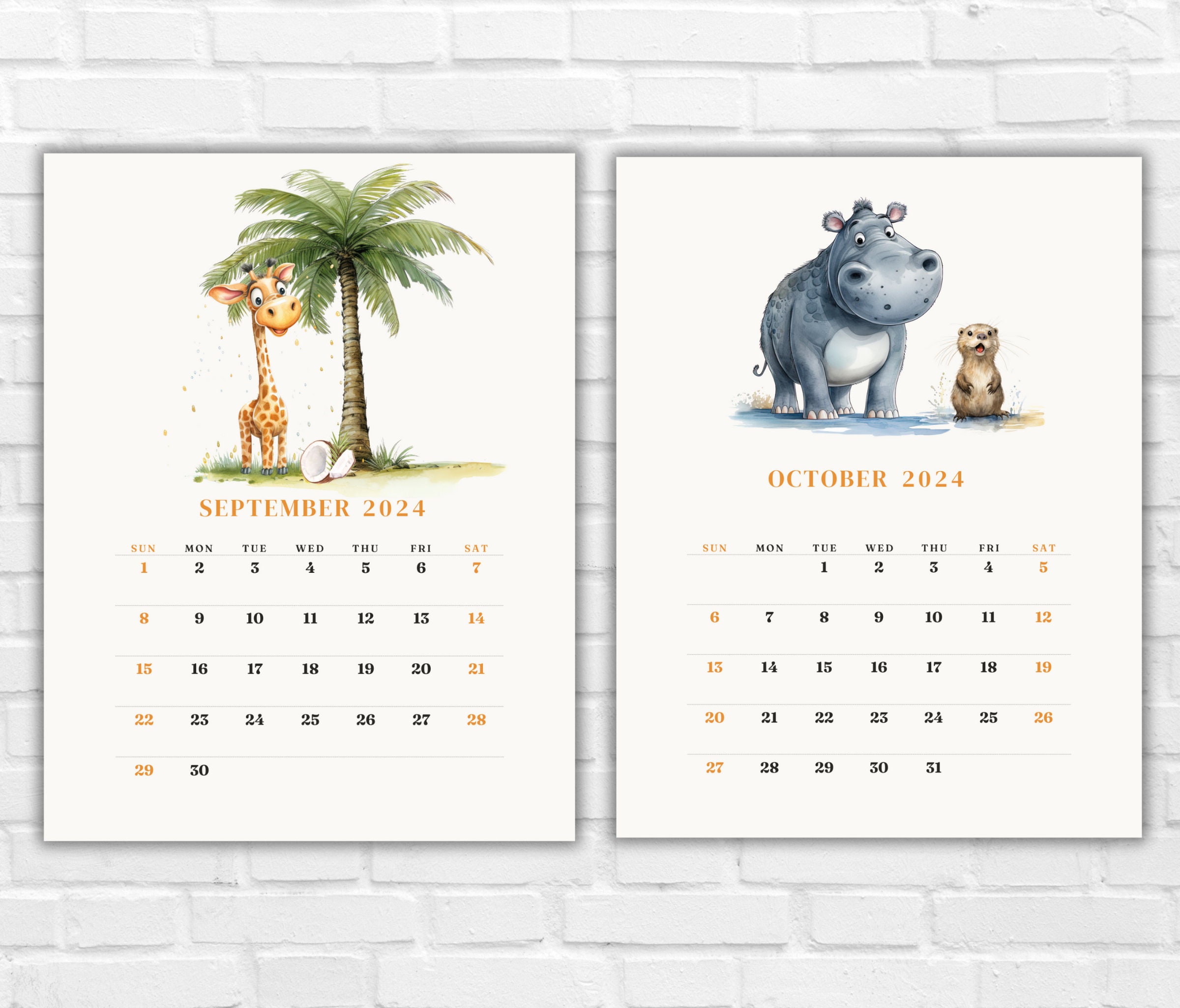 Safari Animal Printable 2024 Calendar-cute Kids School Homeschool ...