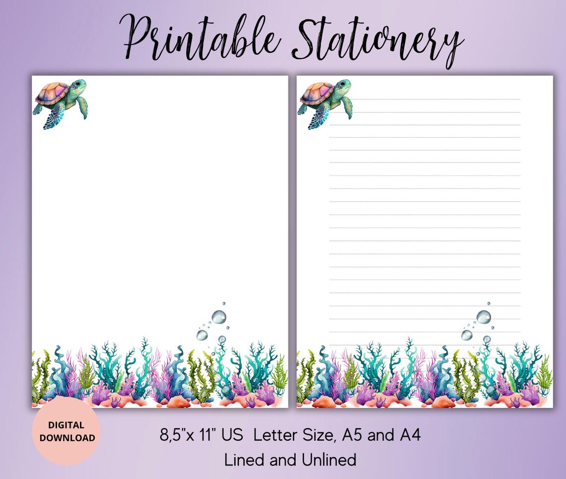 Turtle Sea Writing Set ,marine Printable Stationery,watercolor Writing ...