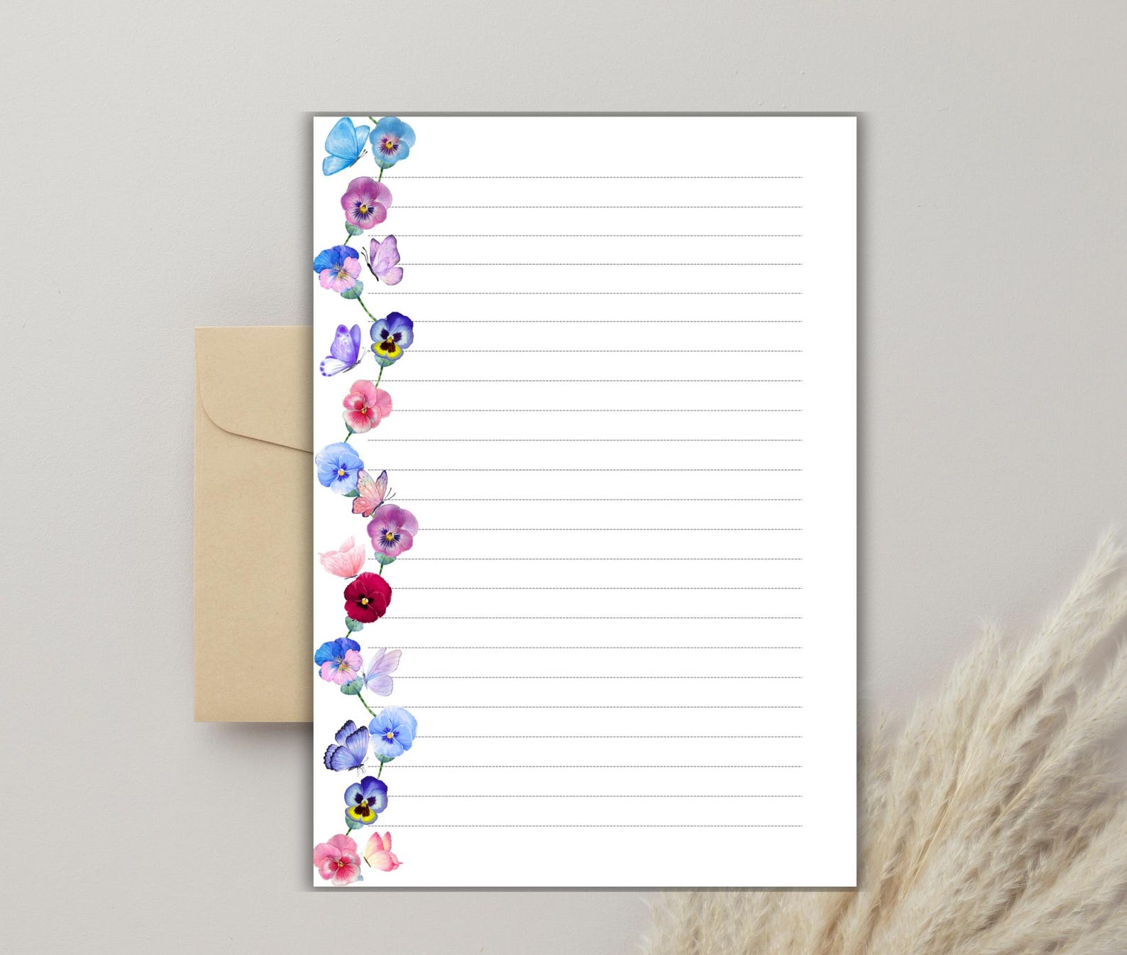 Pansies With Butterflies Printable Stationery-flower Writing Paper ...