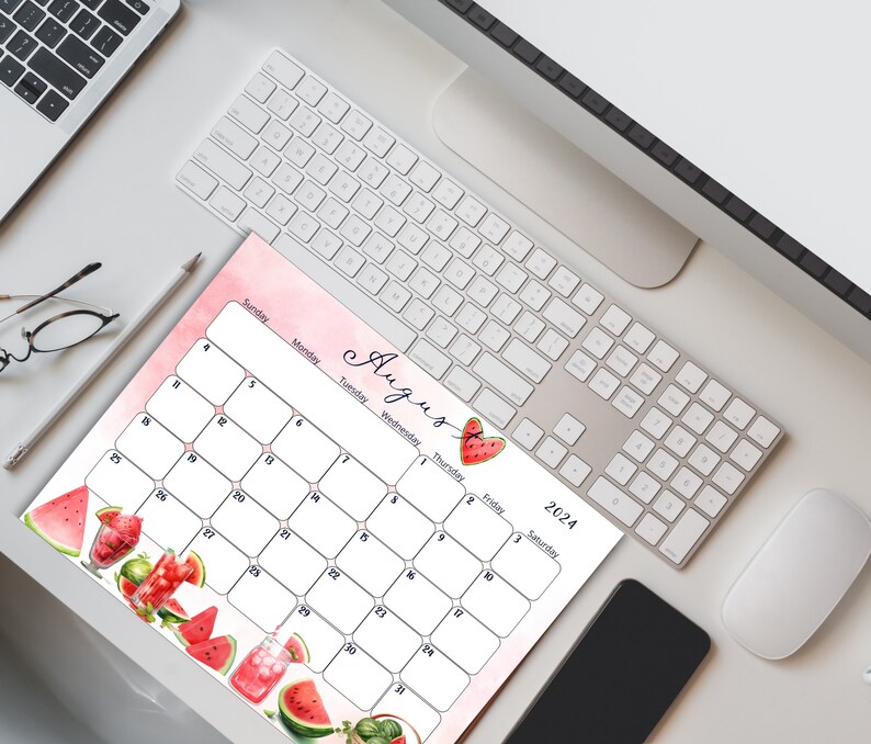 Editable August 2024 Calendar-watermelon Printable Monthly Planner ...