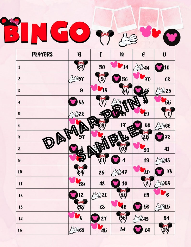 Bingo Boards Printable-bingo Boards 1-15 Lines pink Mouse Straight ...