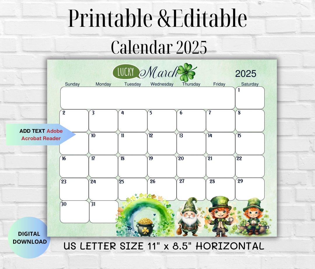 March 2025 Editable Calendar-happy St. Patrick's Day Editable Calendar ...