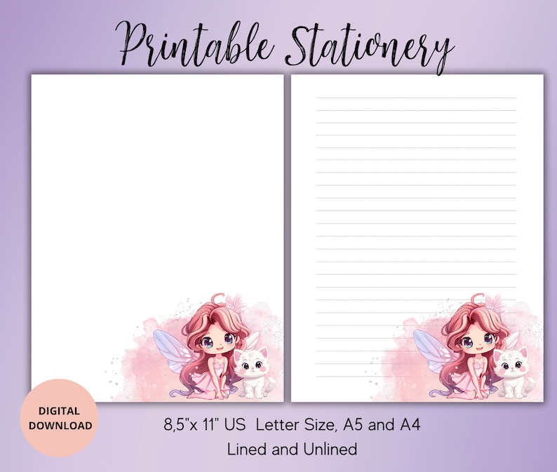 Fairy With Cat Printable Stationery Set-fairytale Writing Papers Lined ...