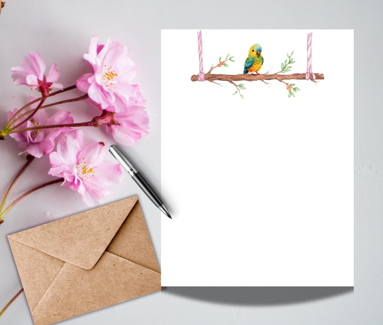 Parrot Printable Stationery-birds Stationary-watercolor Birds Writing ...