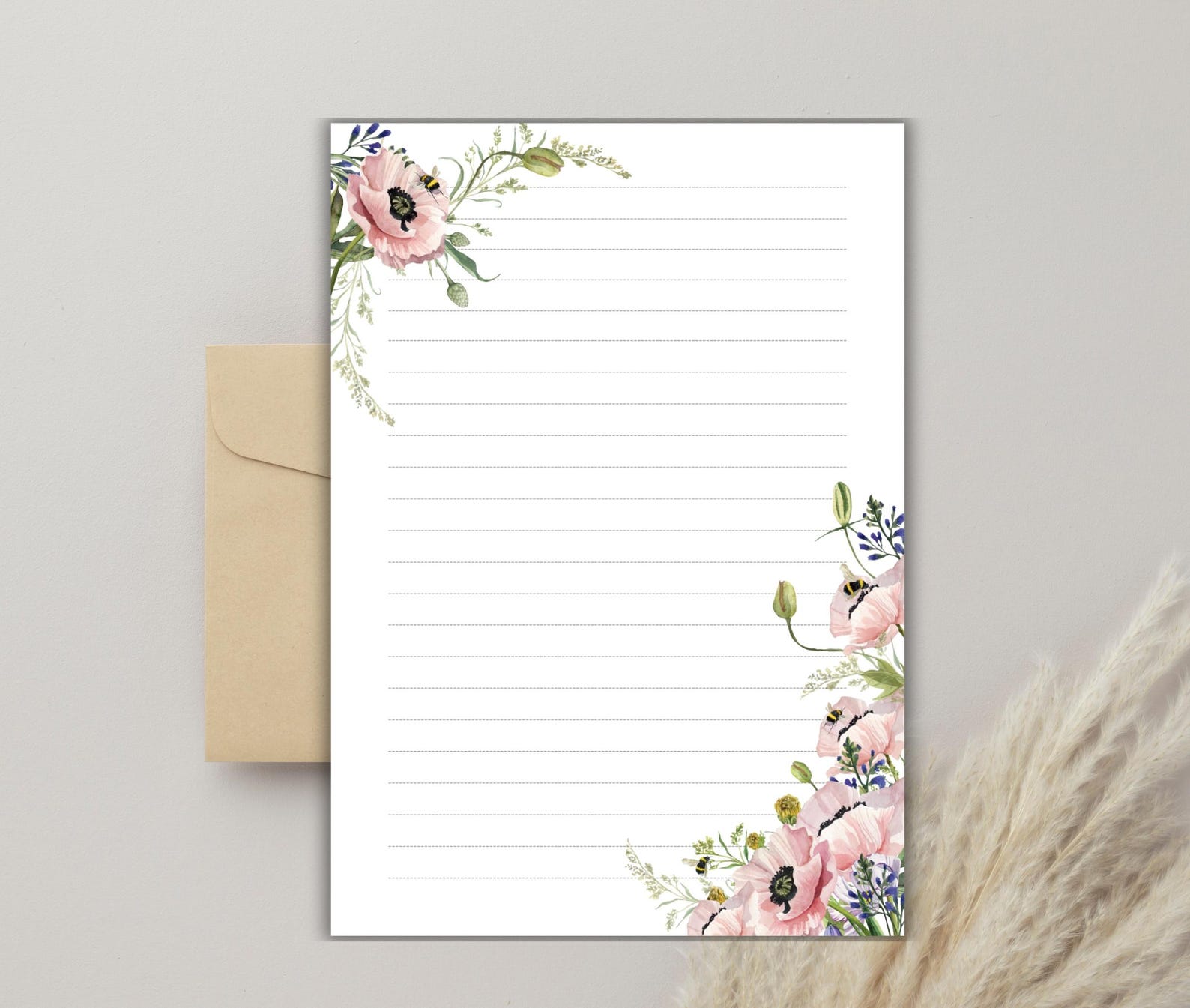 Poppies Printable Stationery-flower Writing Paper Set Unlined Lined A5 ...