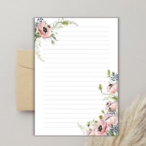 Poppies Printable Stationery-flower Writing Paper Set Unlined Lined A5 ...