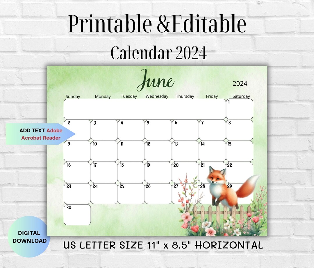 June 2024 Editable Calendar-printable Summer Monthly Planner-fox Kids ...