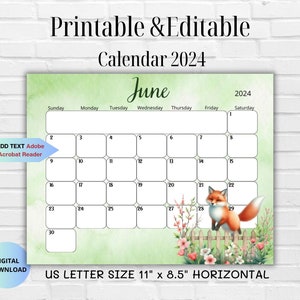 June 2024 Editable Calendar-printable Summer Monthly Planner-fox Kids ...