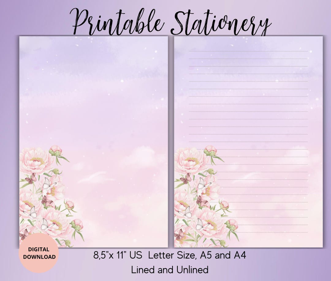 Watercolor Peony Printable Stationery-summer Writing Paper Set Unlined ...