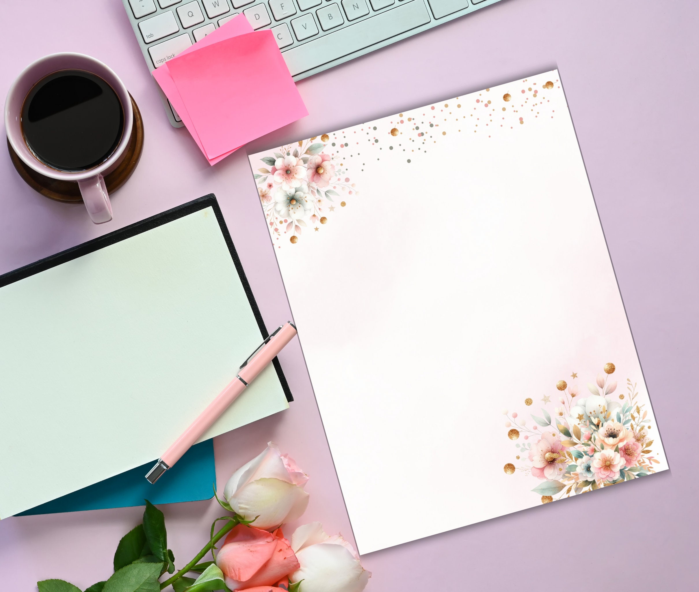 Watercolor Pink Flower Printable Sataionery-flower Stationary- Writing ...