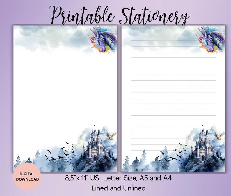 Dragon and Castle Printable Stationery-magical Kingdom Writing Paper ...