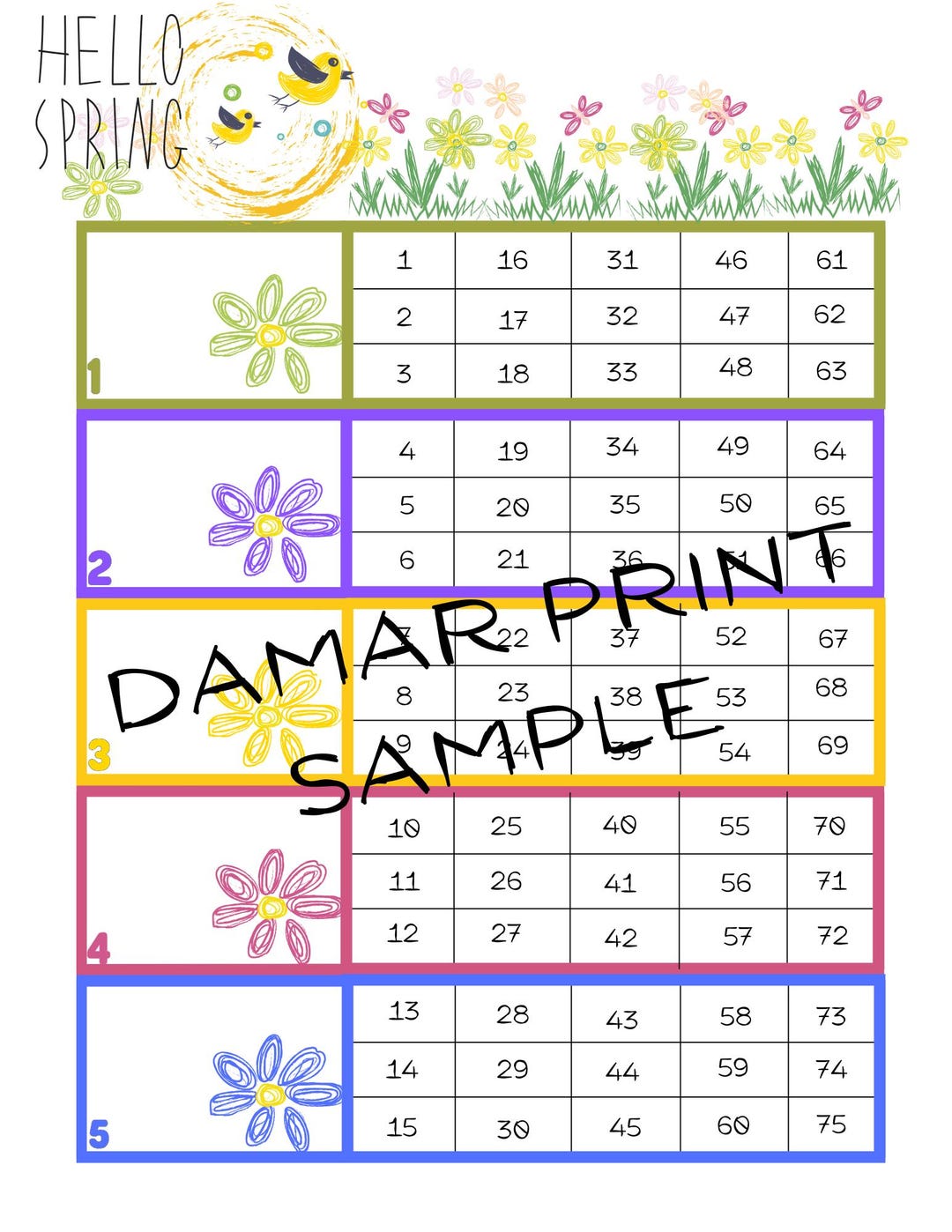 Hello Spring Printable Bingo Boards-instant Download -flower Bingo ...