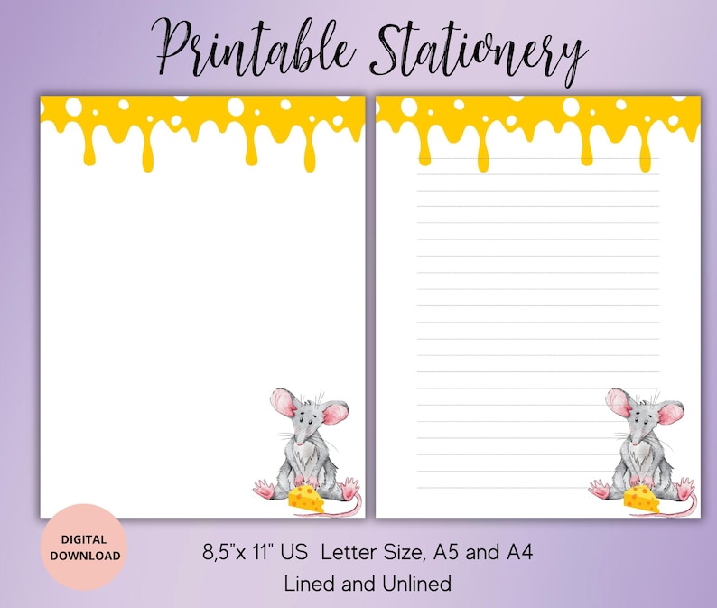 Cute Mouse Printable Stationery,digital Stationary,pen Pal Supplies,stationery Lined/unlined ...