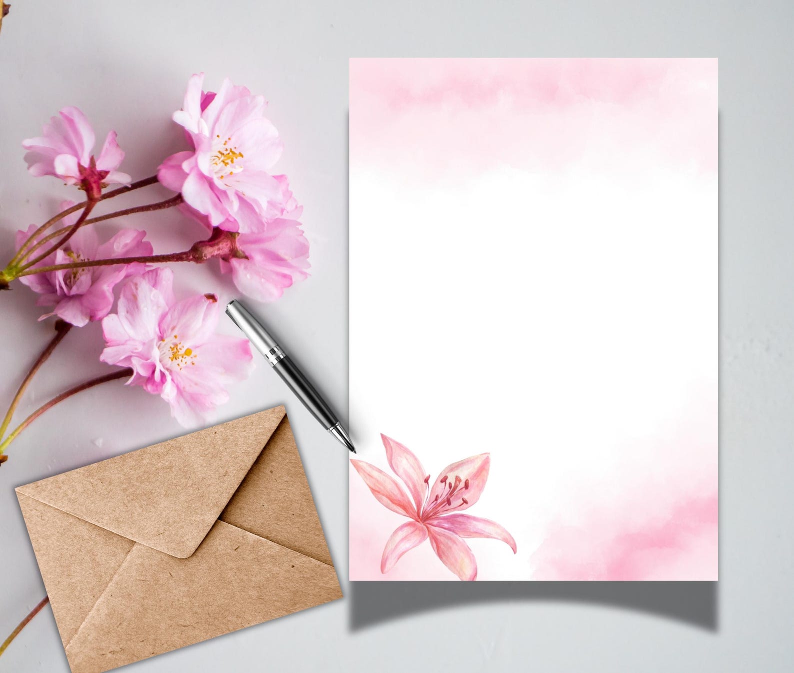 Pink Lily Printable Stationery-lily Writing Paper Set Lined Unlined A5 ...