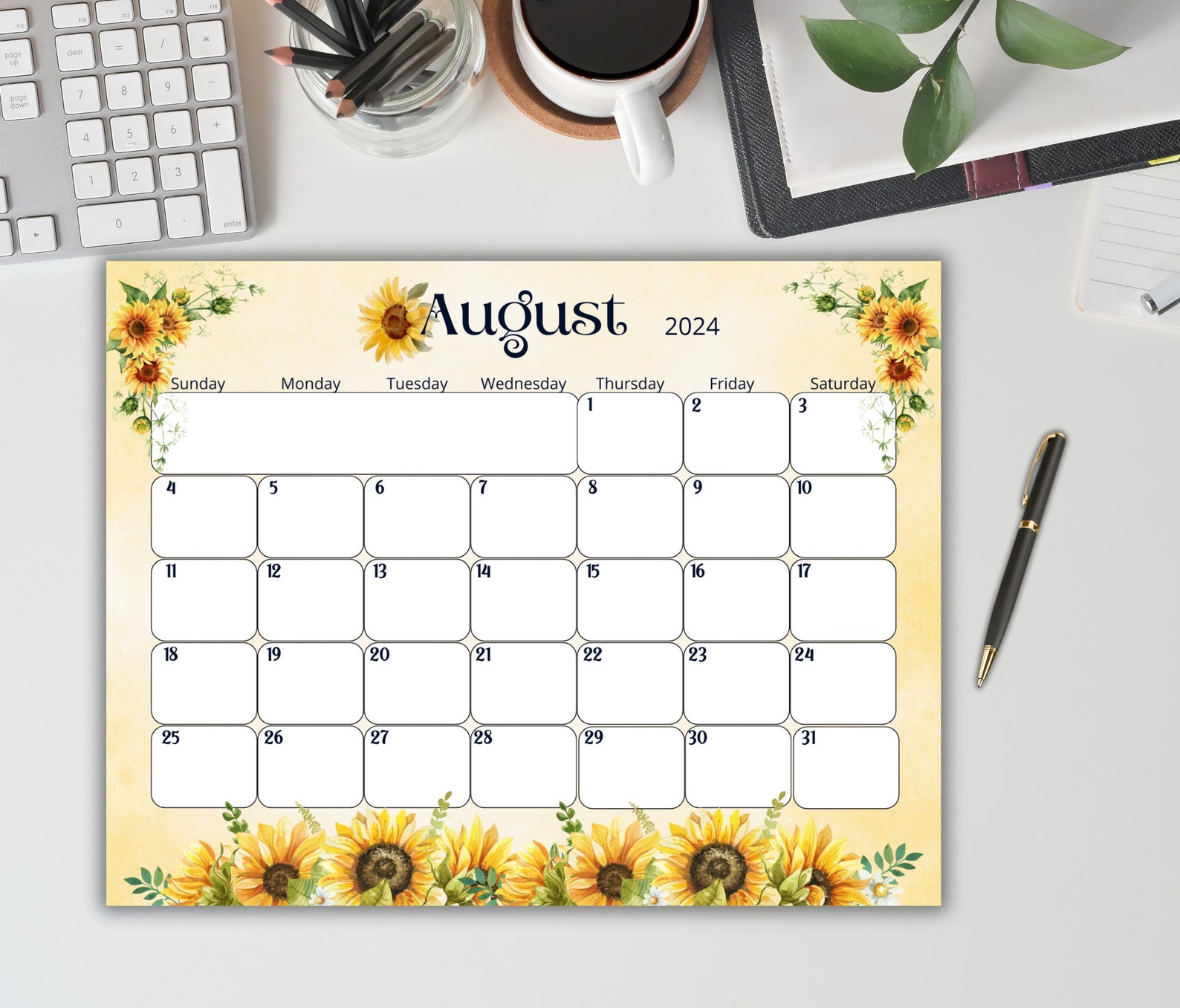 Editable August 2024 Calendar-sunflower Printable Planner Digital ...