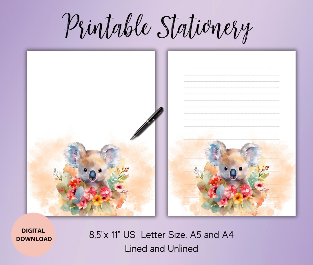 Koala Printable Stationery-cute Stationary-kids Writing Paper Set Lined ...