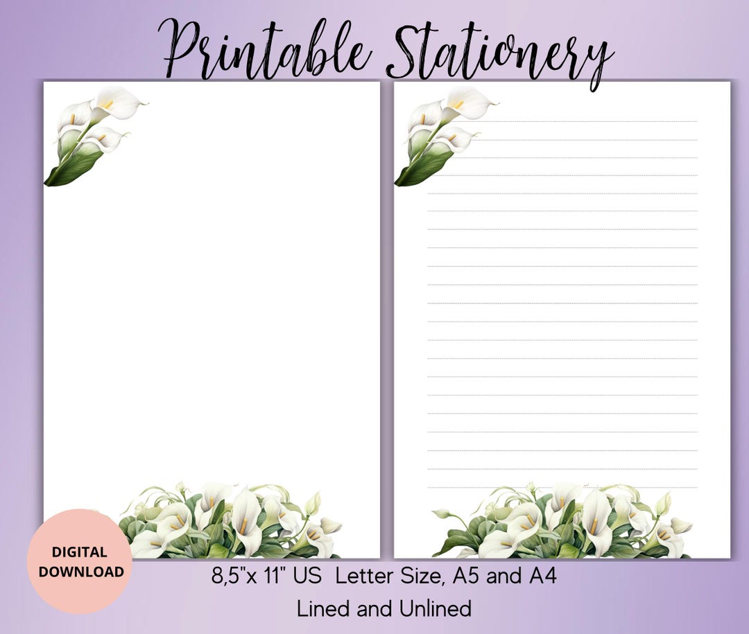 White Calla Lily Printable Stationery-flower Writing Paper Set Unlined ...