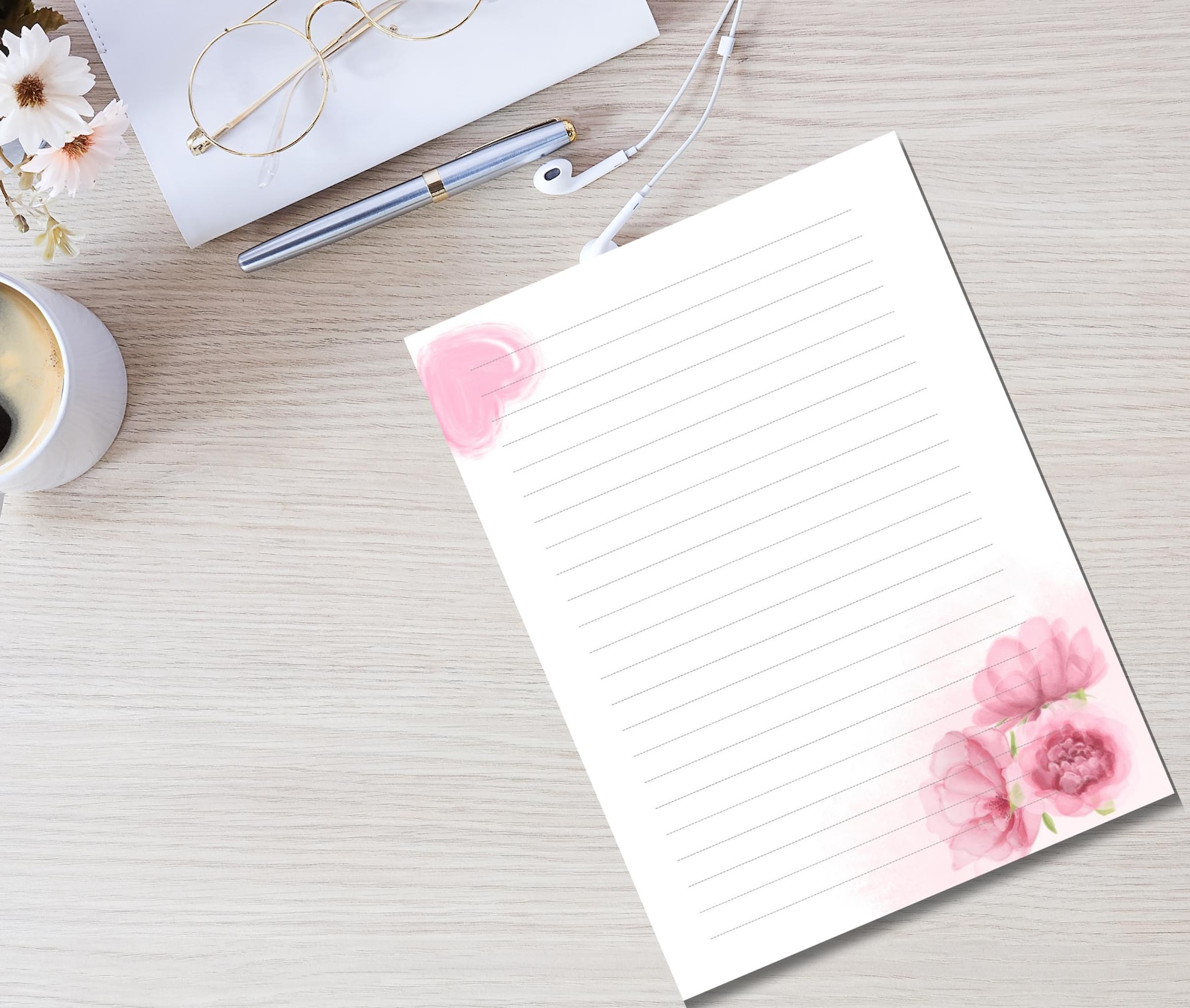 Watercolor Pink Flower Printable Stationery-hearts Love Letter Set ...