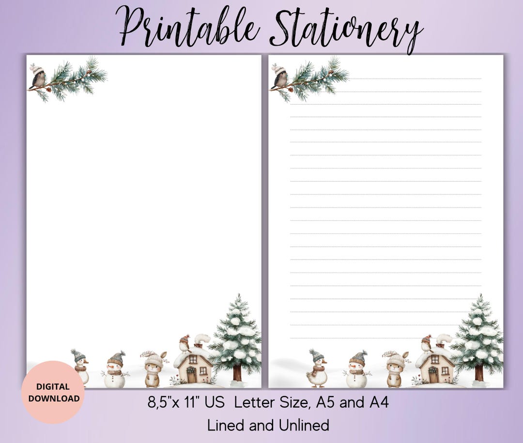 Cute Winter Animals Printable Stationery Set-winter Flower Writing ...