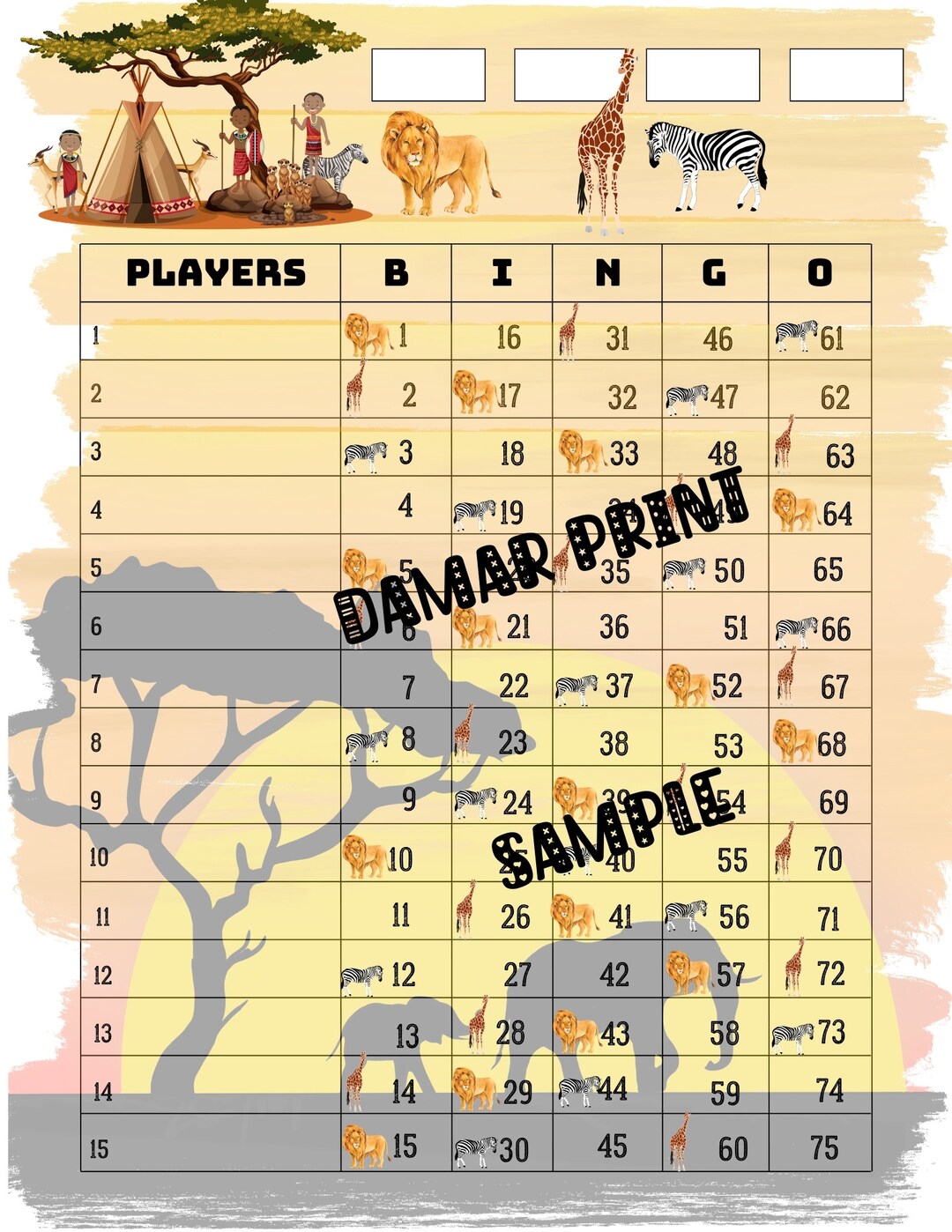 Bingo Boards 1-15 Lines -safari Animal- Straight Mixed Blank- 75 Ball ...
