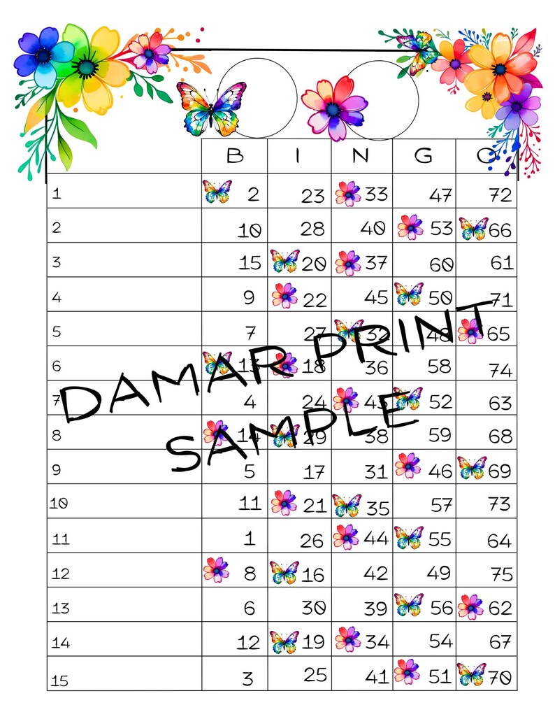Flower Bingo Boards- Butterfly Printable Bingo Boards 1-15 Lines ...
