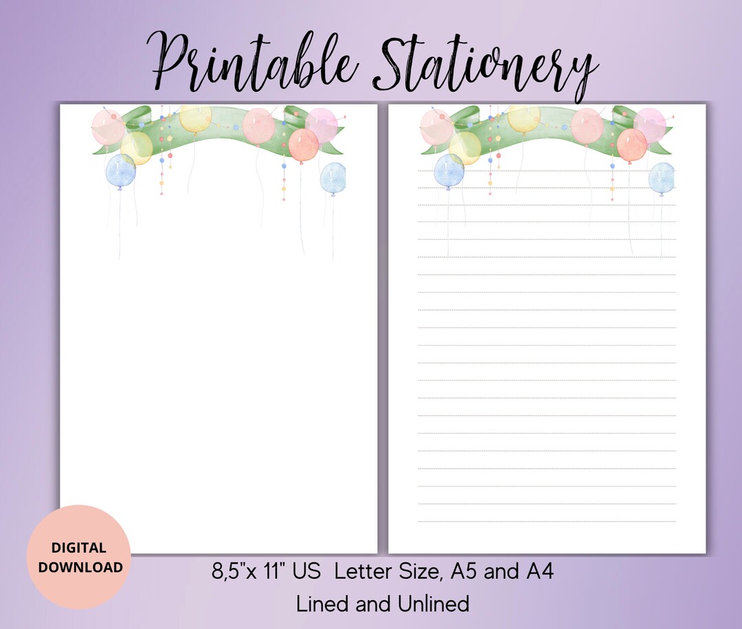 Watercolor Balloons Printable Stationery-birthday Stationery Set ...