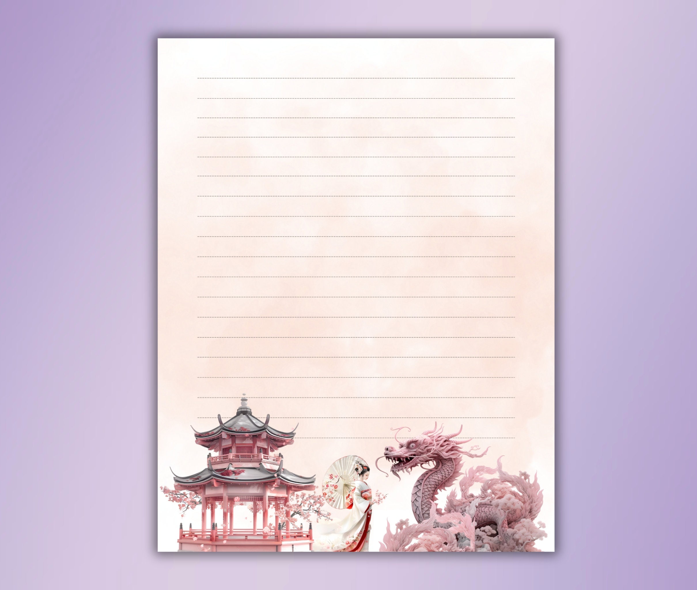 Geisha With Dragon Printable Stationery Sets- Digital Letter-floral ...
