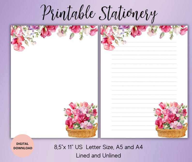 Sweet Pea Printable Stationery-summer Writing Paper Set Unlined Lined ...