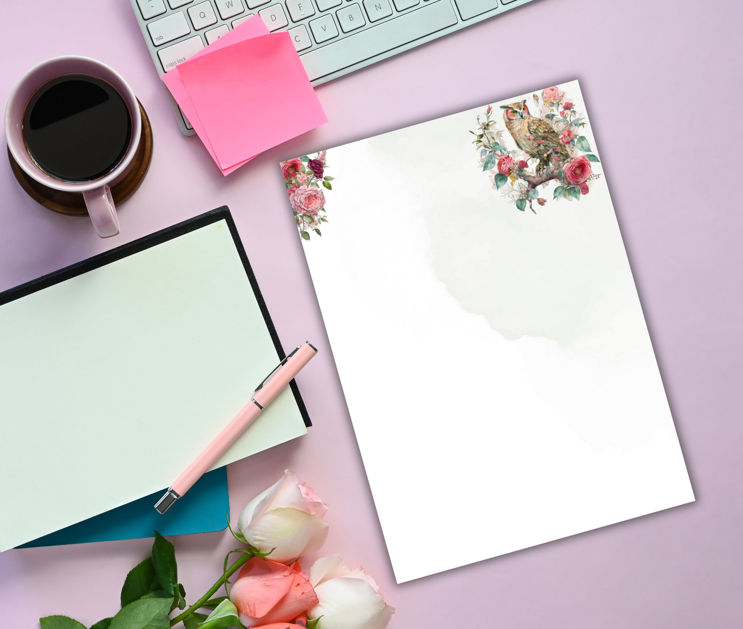 Owl With Flower Printable Stationery-flolar Stationary-cute Writing ...