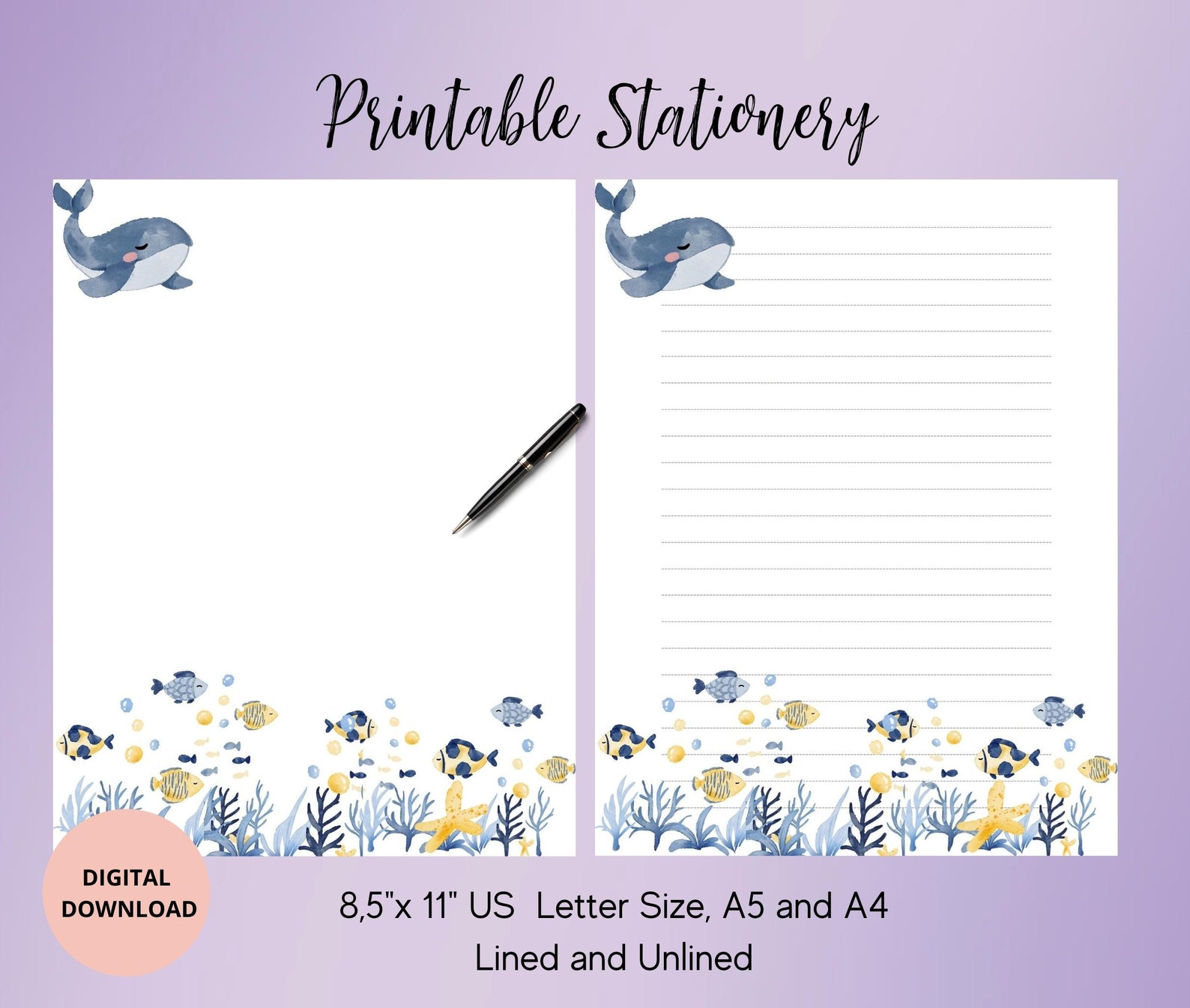 Sea Writing Set ,marine Printable Stationery,watercolor Writing Paper ...