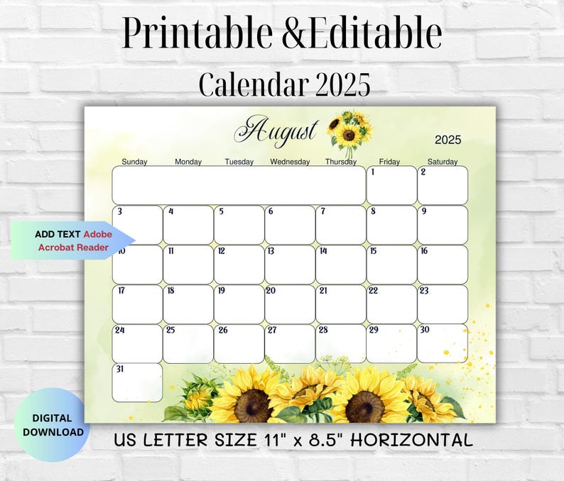 August 2025 EDITABLE Printable Calendar-sunflower Printable Fillable ...