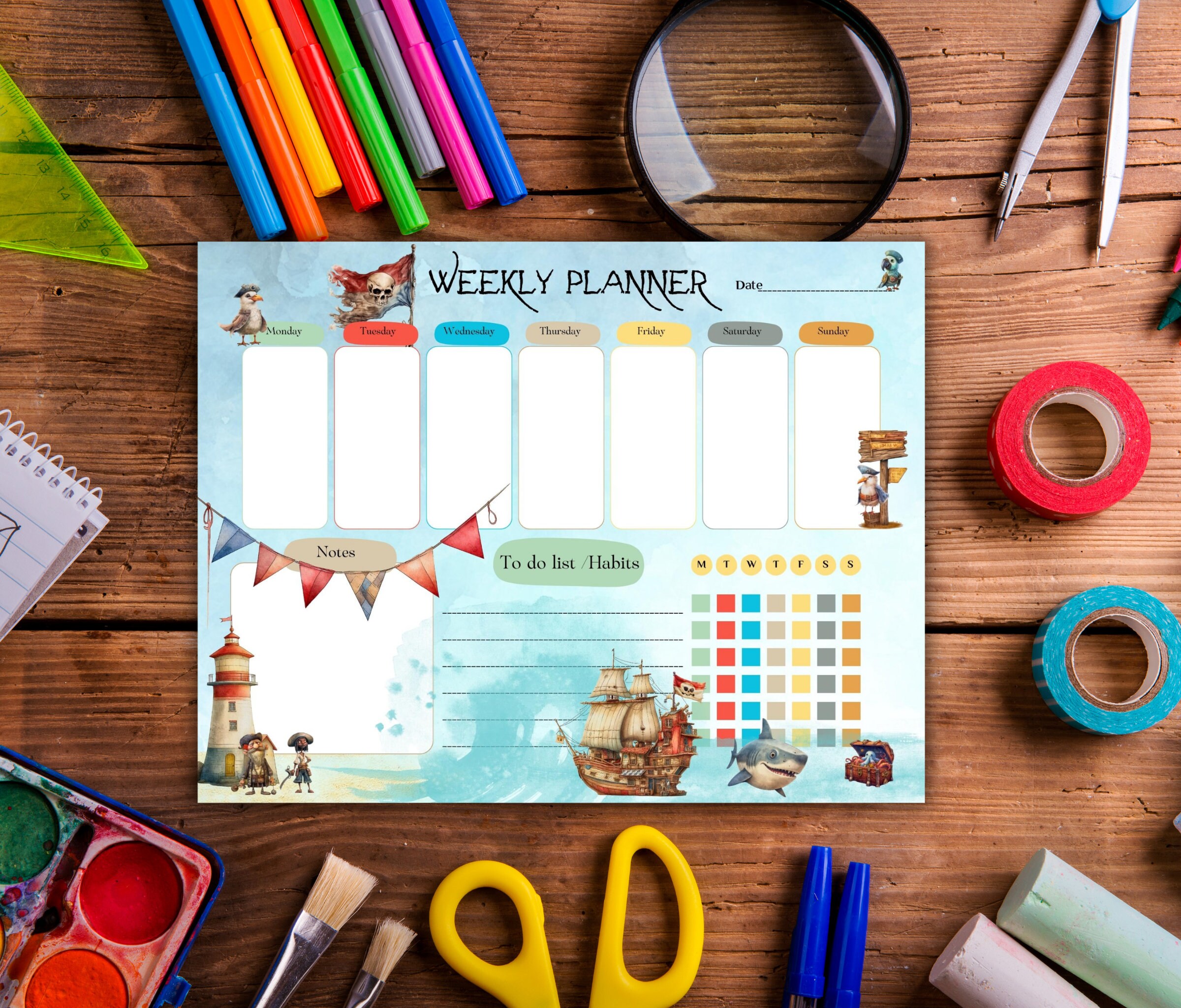 Editable Printable Weekly Planner-kids Weekly Planner-pirate Children's ...
