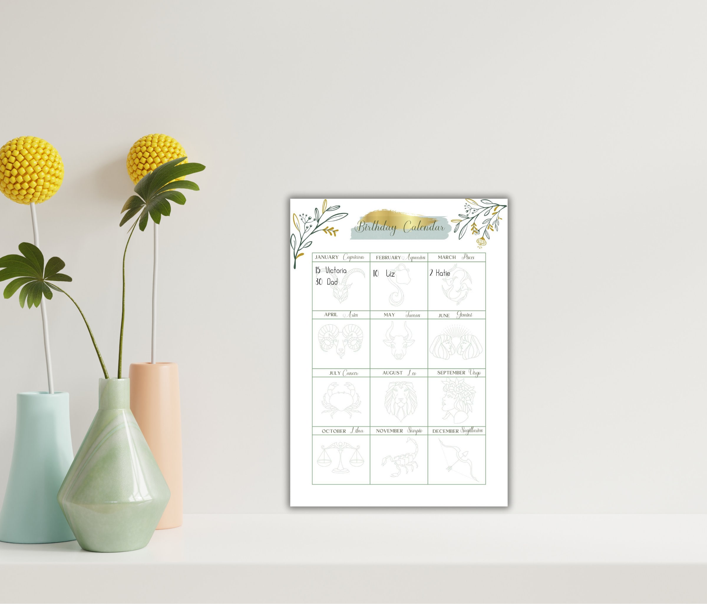 Editable,printable Birthday Tracker,birth Month Horoscope Calendar ...