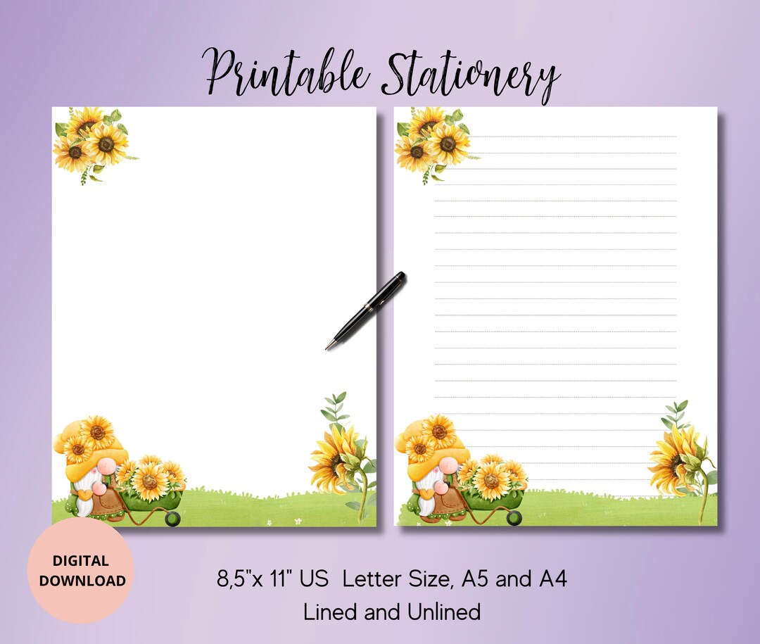 Sunflower Gnome Printable Stationary-digital Download Printable Writing ...