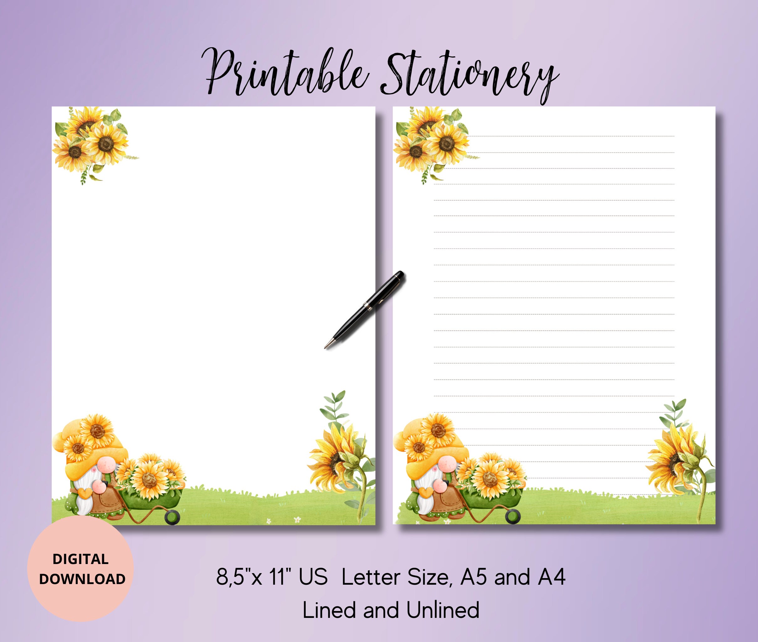 Sunflower Gnome Printable Stationary-digital Download Printable Writing ...