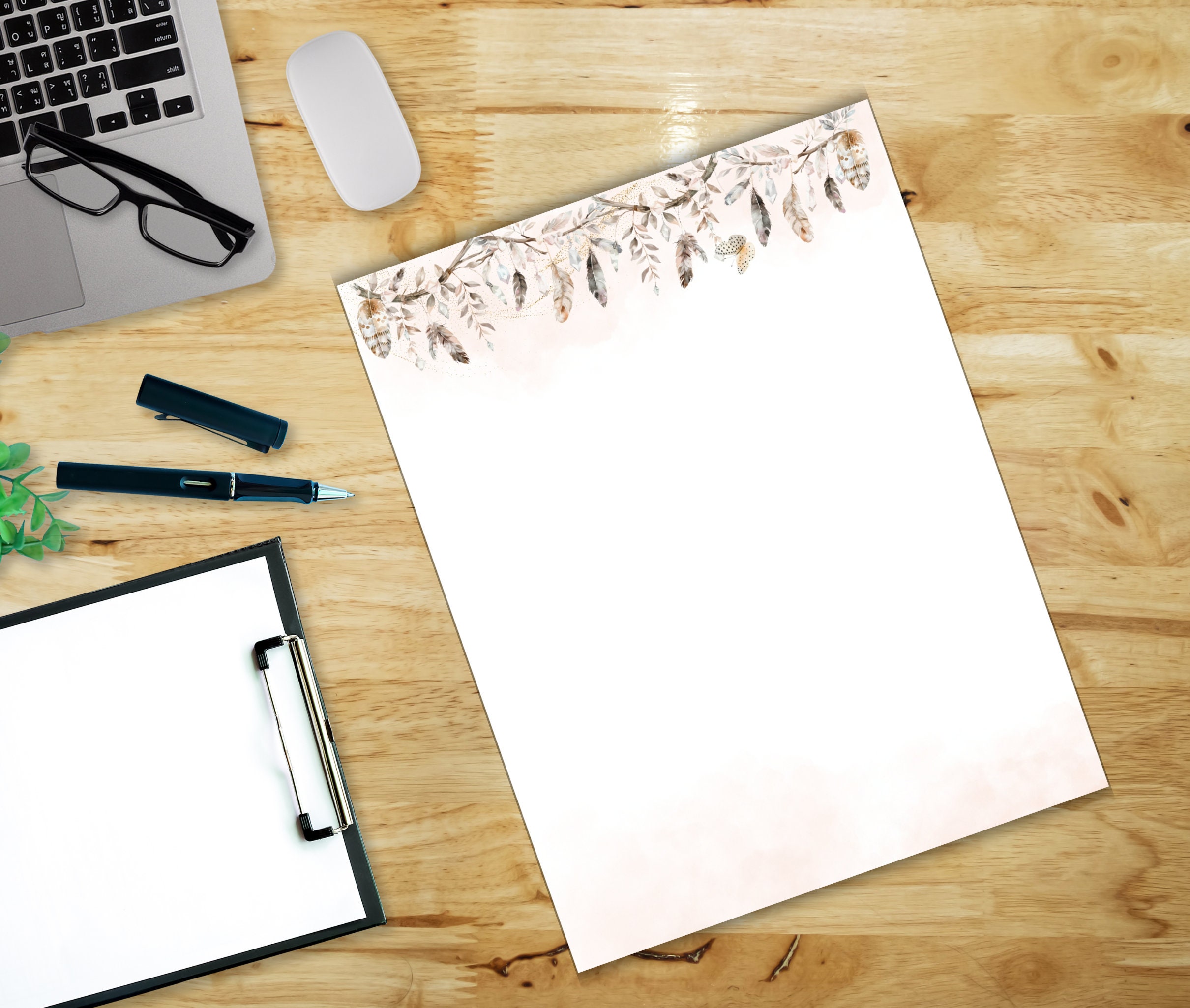 Watercolor Boho Feathers Printable Stationery -watercolor Writing Paper ...