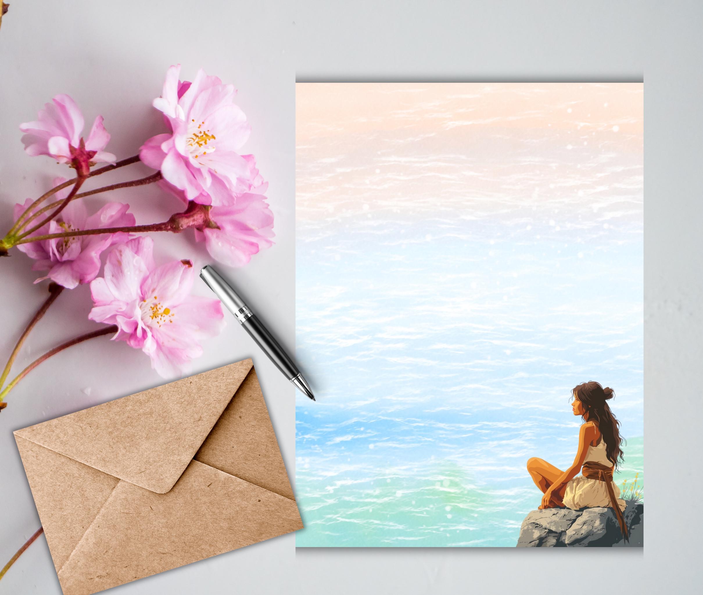 Girl Printable Stationery-watercolor Summer Writing Paper Set Unlined ...