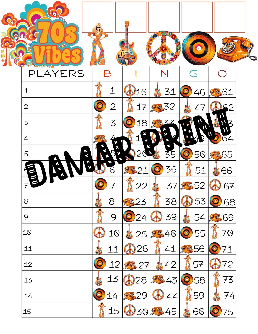 Retro 70's Vibes Printable Bingo Boards-bingo Boards 1-15 Lines -70 S ...