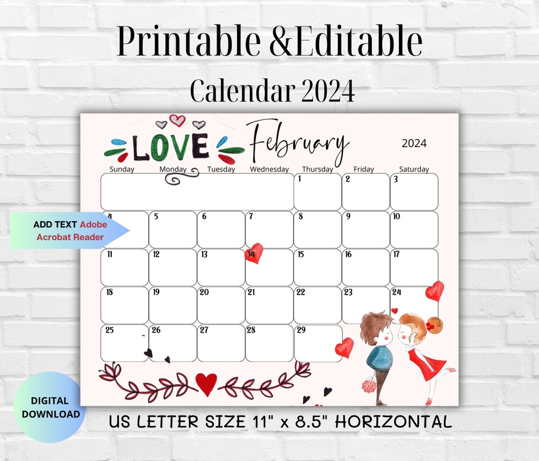 February Calendar 2024-EDITABLE Printable Happy Valentine Planner ...